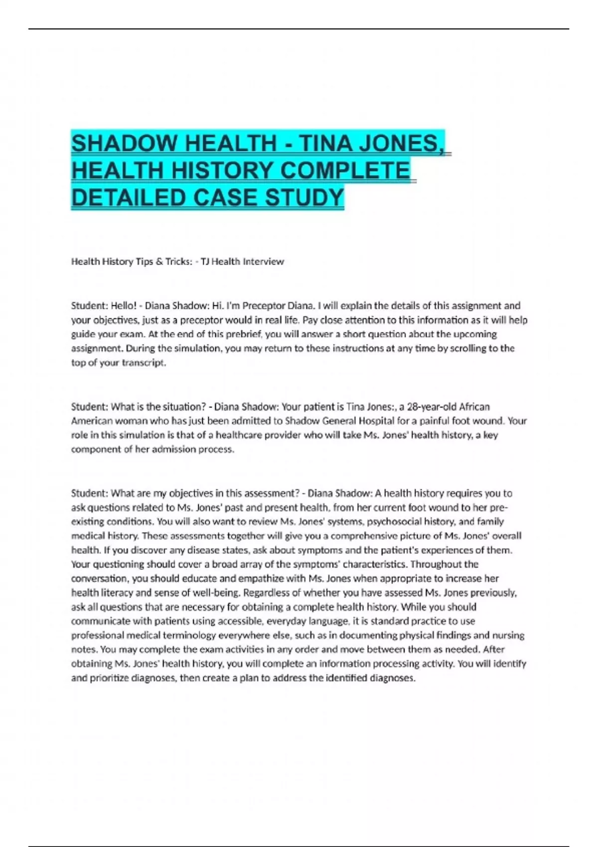SHADOW HEALTH - TINA JONES, HEALTH HISTORY COMPLETE DETAILED CASE STUDY ...
