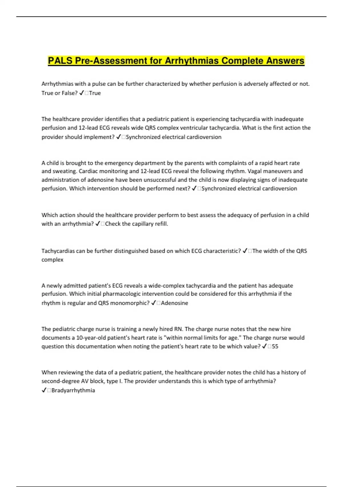 PALS Pre-Assessment for Arrhythmias Complete Answers - PALS Pre ...