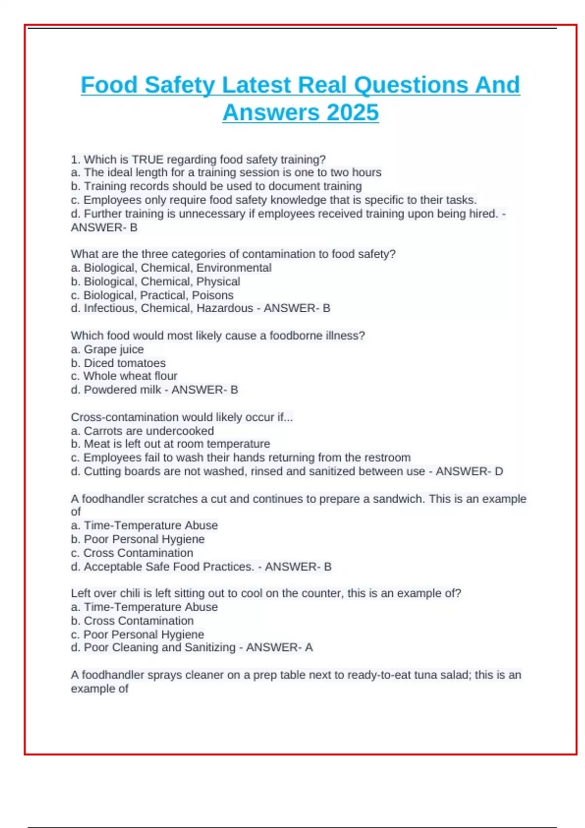 Food Safety Latest Real Questions And Answers 2025.docx - TAP Series ...
