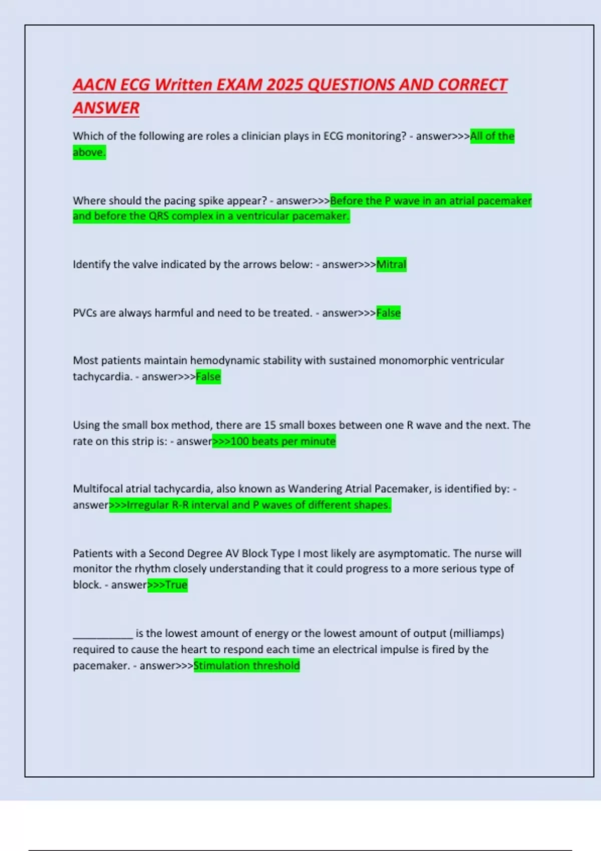 AACN ECG Written EXAM 2025 QUESTIONS AND CORRECT ANSWER - AACN ECG ...