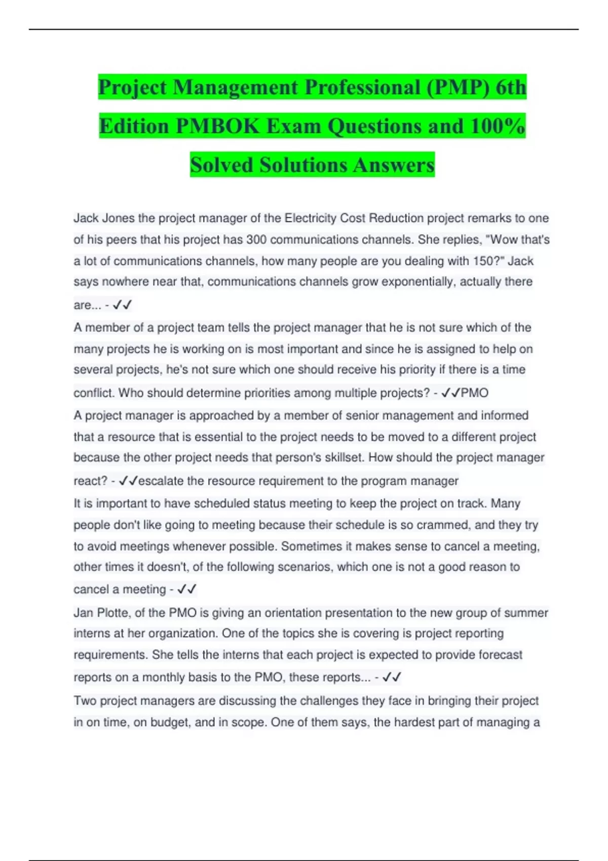 Project Management Professional (PMP) 6th Edition PMBOK Exam Questions and 100% Solved Solutions ...