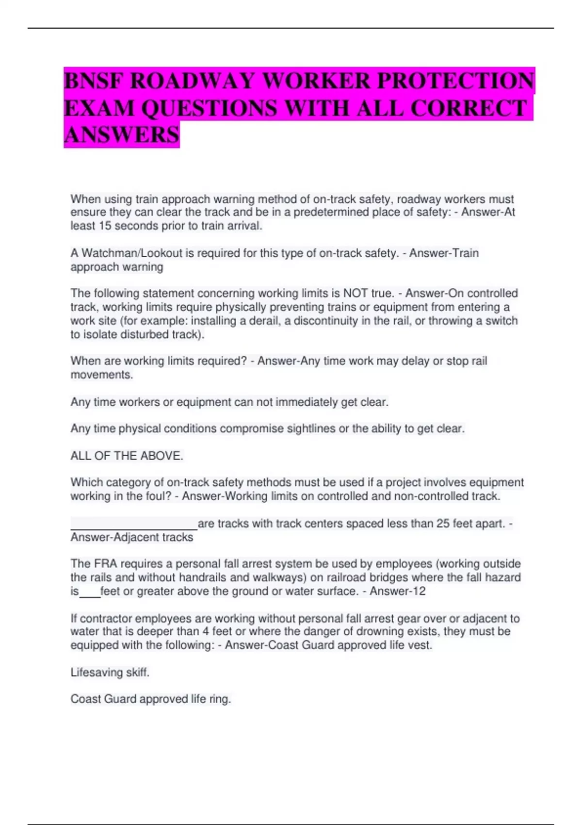 BNSF ROADWAY WORKER PROTECTION EXAM QUESTIONS WITH ALL CORRECT ANSWERS ...