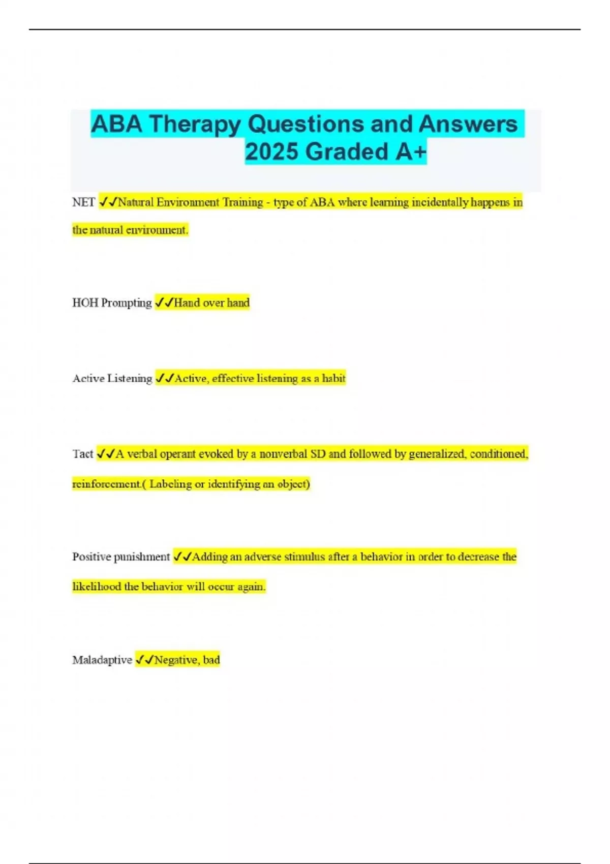 ABA Therapy Questions and Answers 2025 Graded A+ - Aba - Stuvia US