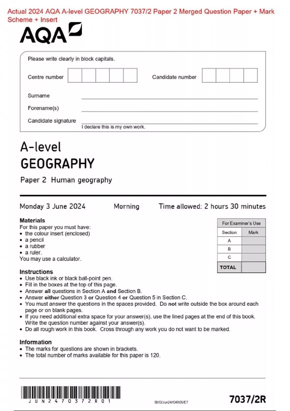 2024 AQA A-level GEOGRAPHY 7037/2 Paper 2 Question Paper & MarkScheme ...