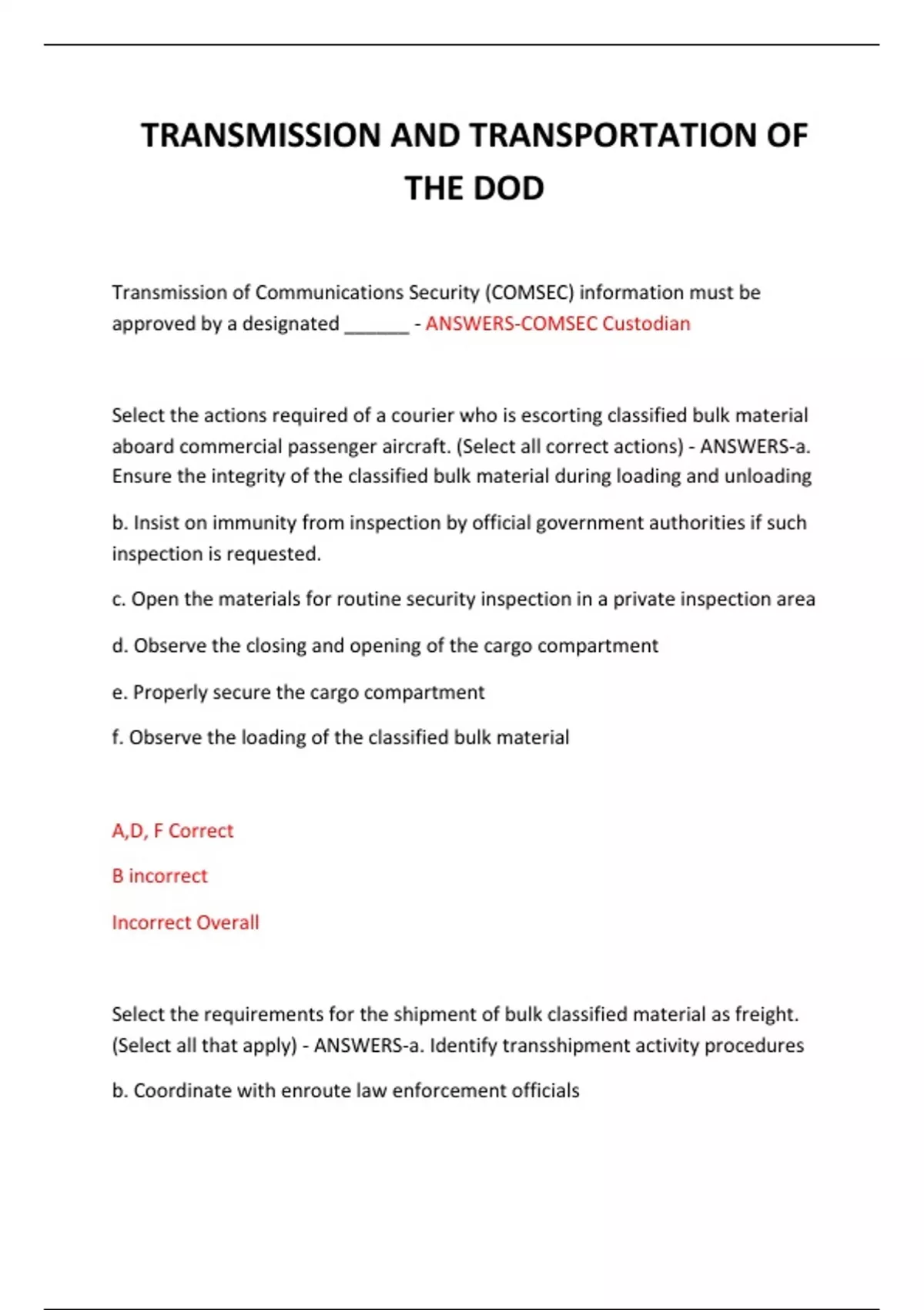 TRANSMISSION AND TRANSPORTATION OF THE DOD QUESTIONS AND ANSWERS 2024 ...