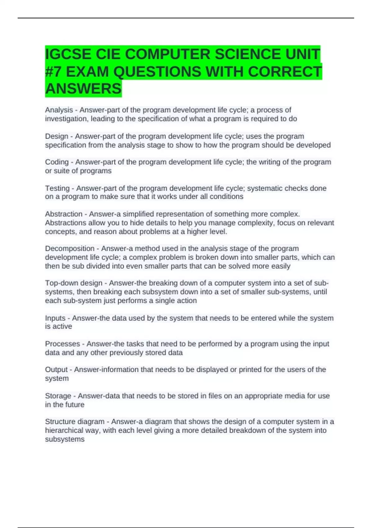 Igcse Cie Computer Science Unit 7 Exam Questions With Correct Answers Igcse Cie Computer