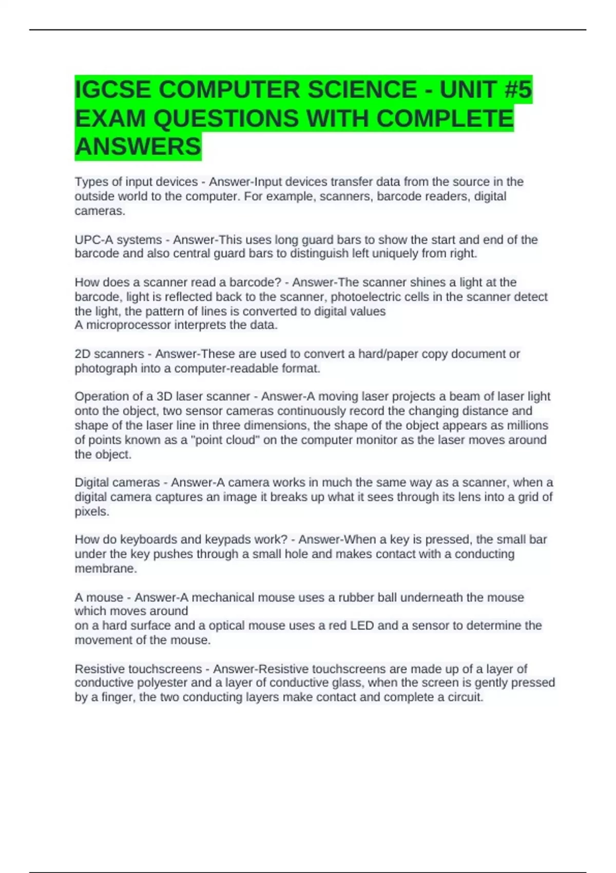 IGCSE COMPUTER SCIENCE - UNIT #5 EXAM QUESTIONS WITH COMPLETE ANSWERS - IGCSE CIE COMPUTER ...