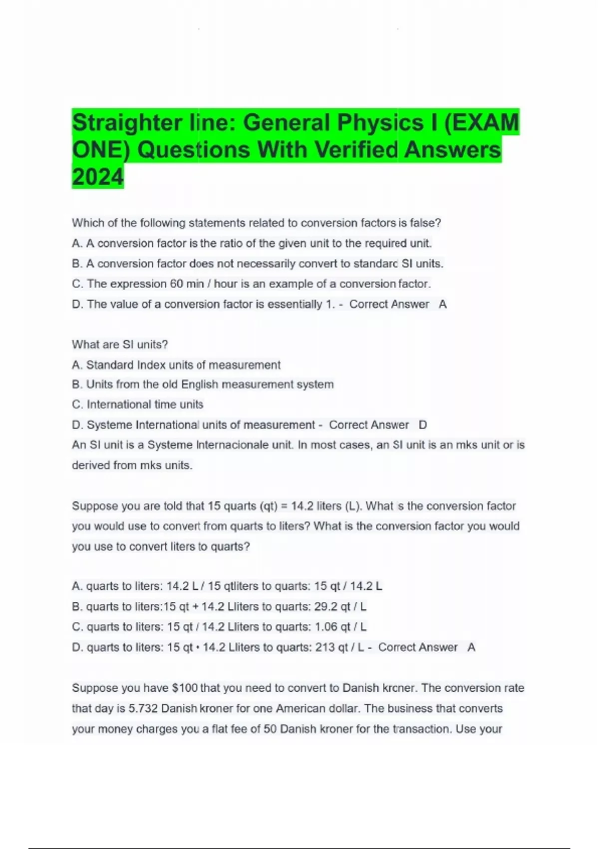 Straighter line: General Physics I (EXAM ONE) Questions With Verified ...