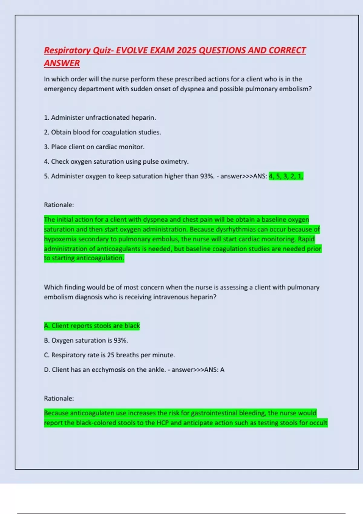 Respiratory Quiz- EVOLVE EXAM 2025 QUESTIONS AND CORRECT ANSWER ...