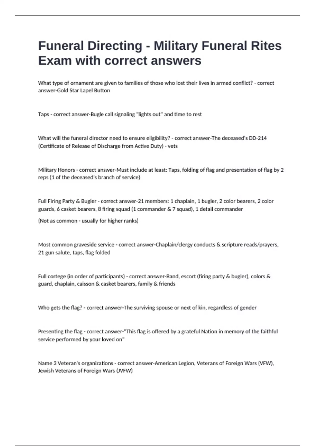 Funeral Directing - Military Funeral Rites Exam with correct answers ...