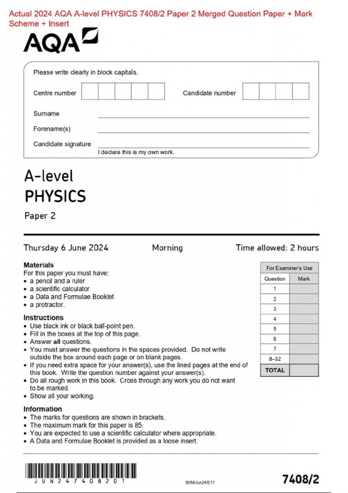 2024 AQA A-level PHYSICS 7408/2 Paper 2 Question Paper & MarkScheme ...