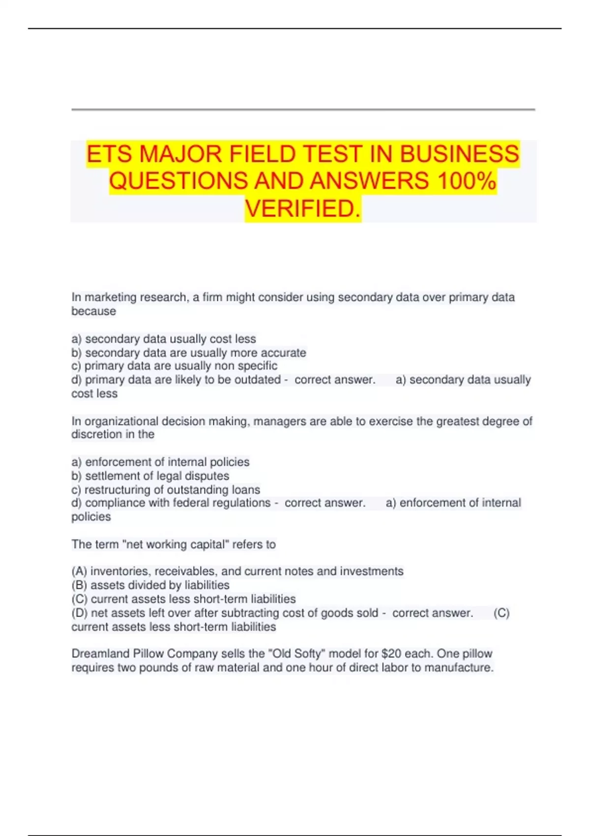 ETS MAJOR FIELD TEST IN BUSINESS QUESTIONS AND ANSWERS 100% VERIFIED ...