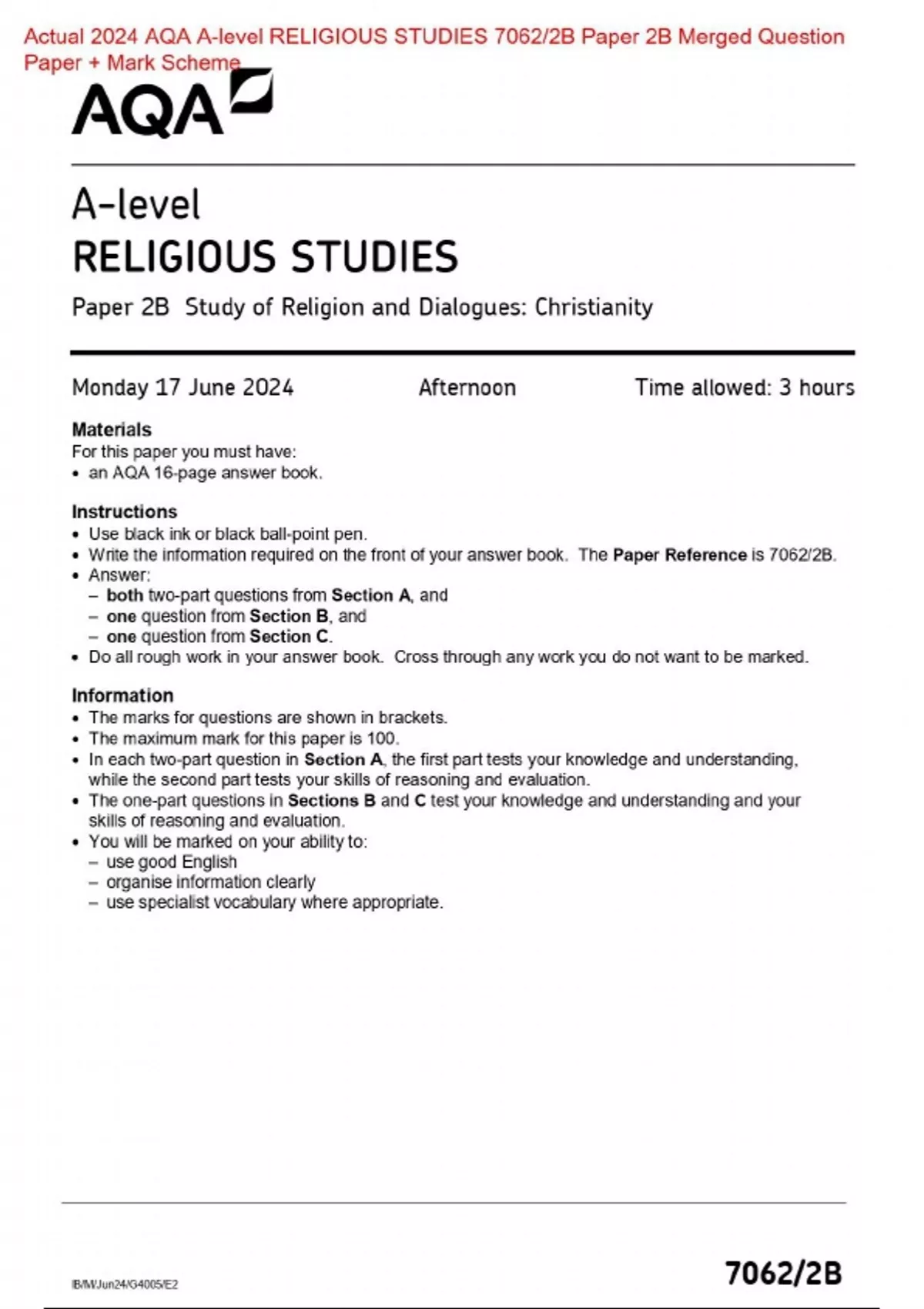 2024 AQA A-level RELIGIOUS STUDIES 7062/2B Paper 2B QuestionPaper ...