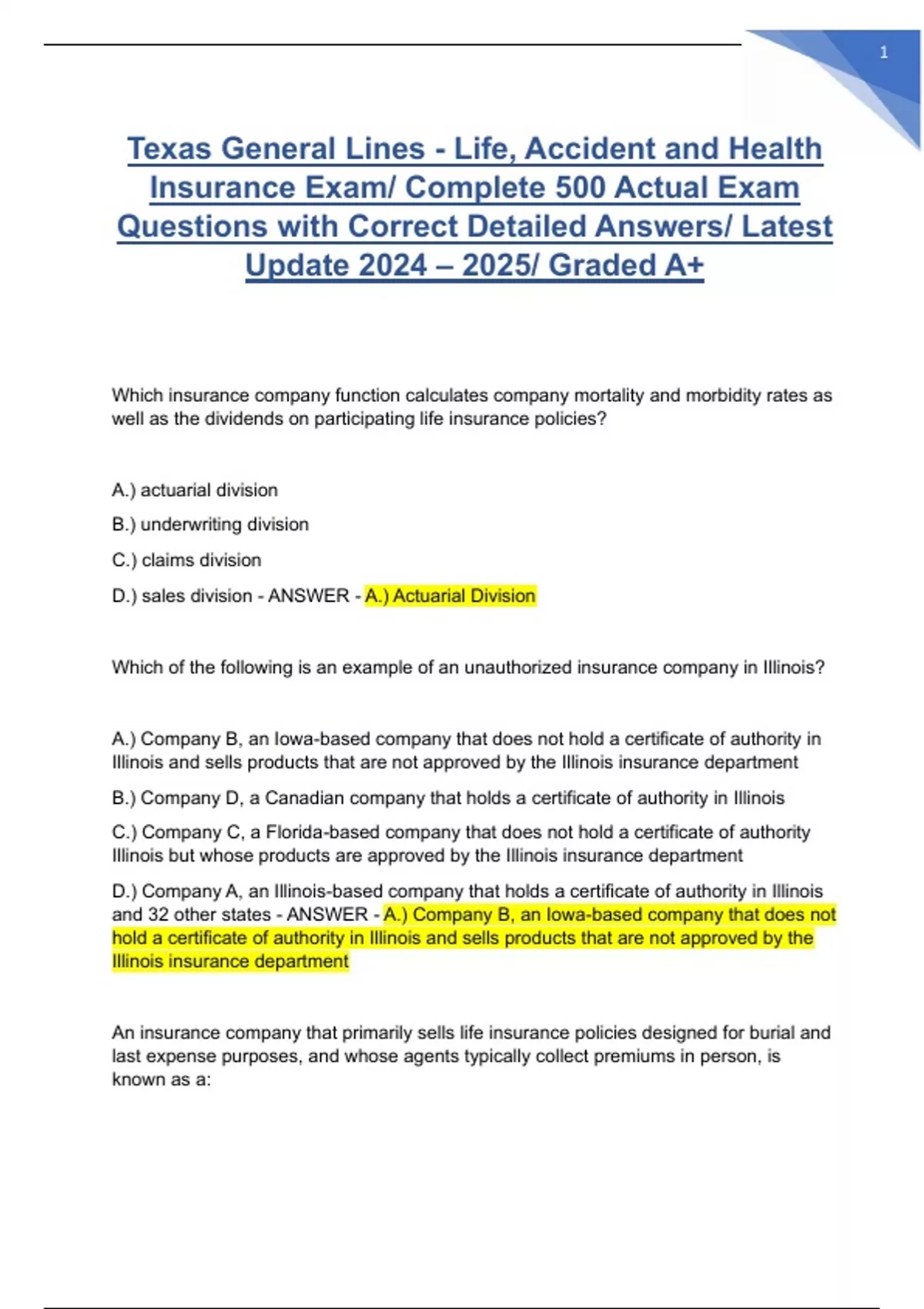 Texas General Lines - Life, Accident and Health Insurance Exam Latest ...
