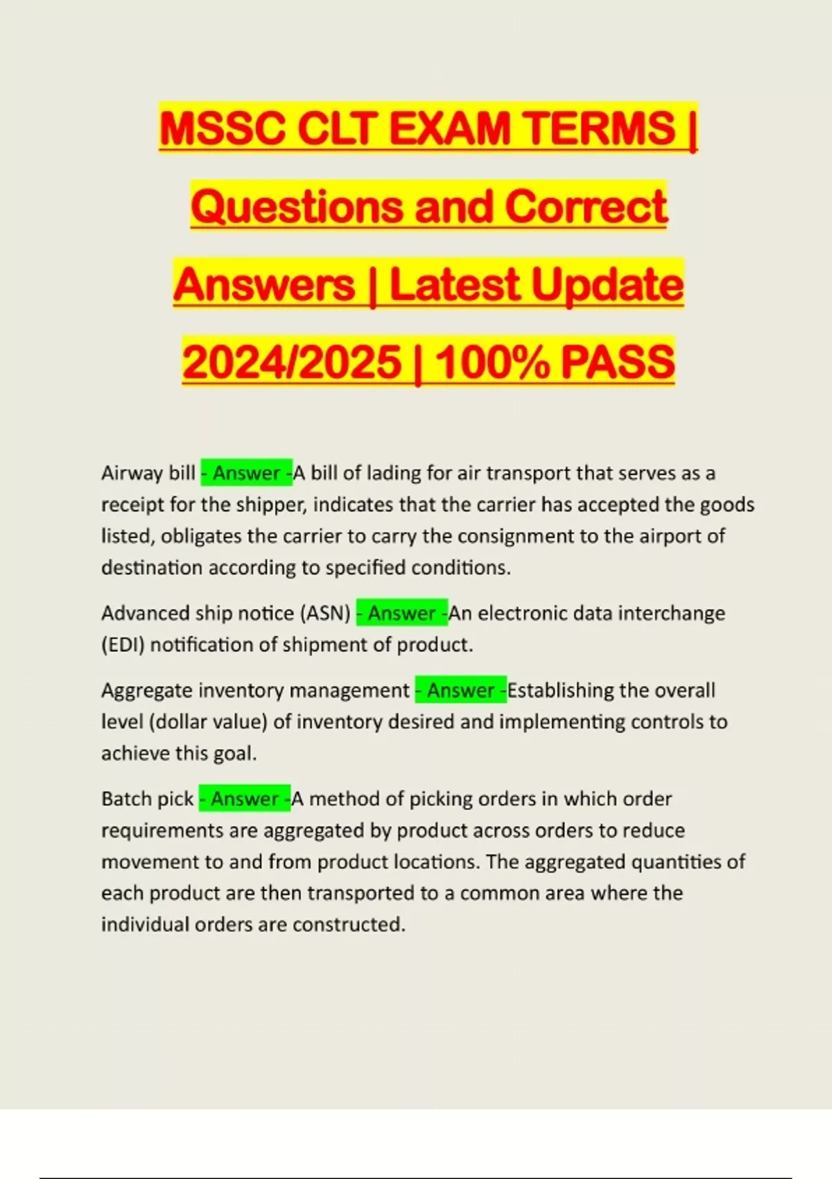 MSSC CLT EXAM TERMS | Questions and Correct Answers | Latest Update ...