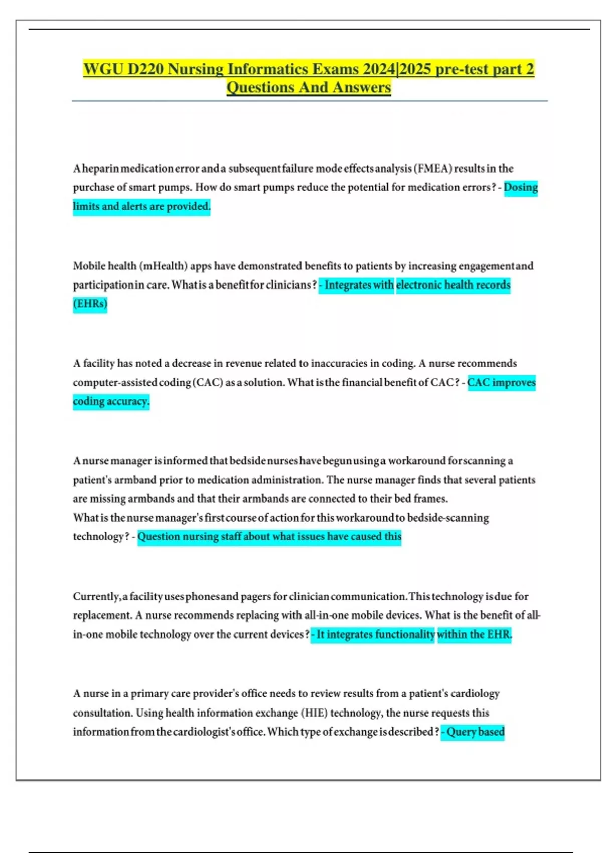 WGU D220 Nursing Informatics Exam 2024|2025 – Pre-Test Part 2 ...
