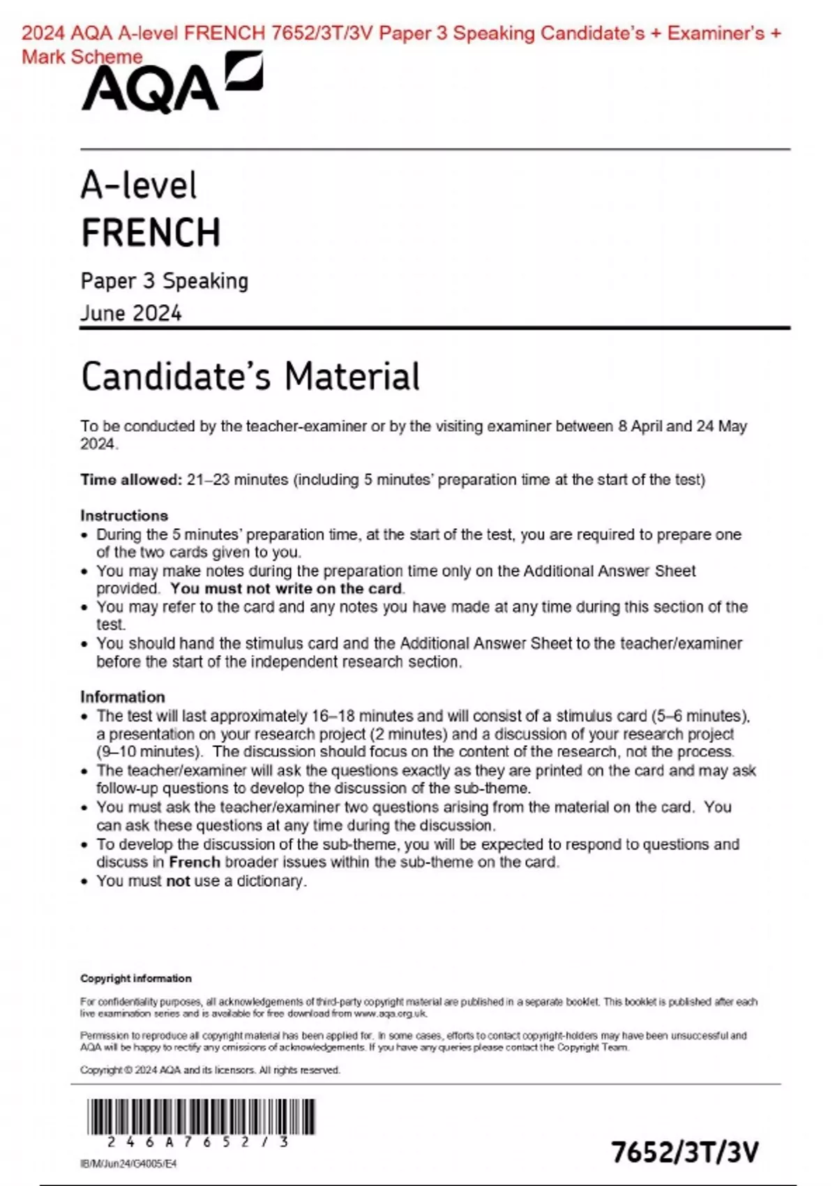 2024 AQA A-level FRENCH 7652/3T/3V Paper 3 Speaking Candidate’s ...