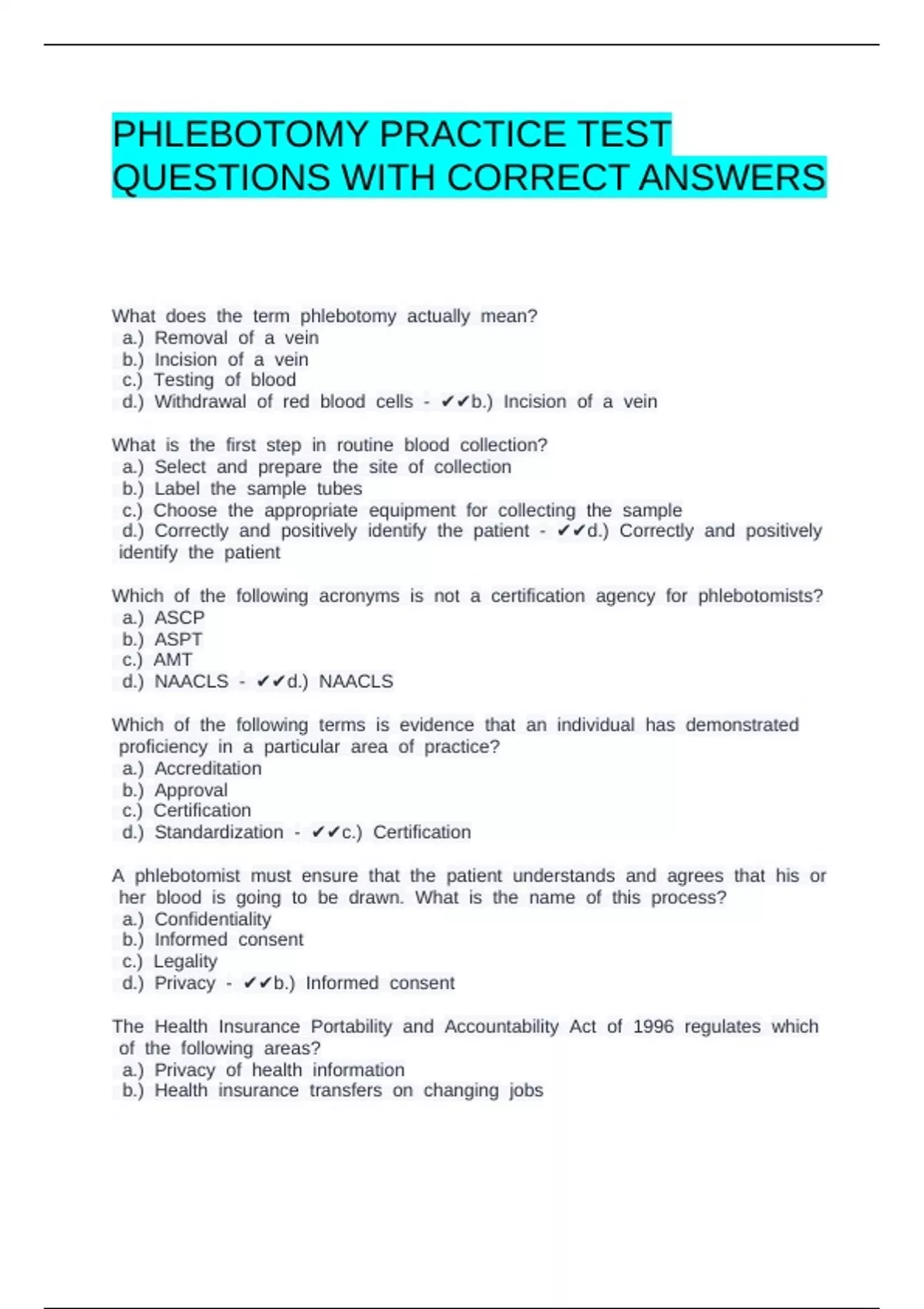 PHLEBOTOMY PRACTICE TEST QUESTIONS WITH CORRECT ANSWERS - CTFA ...