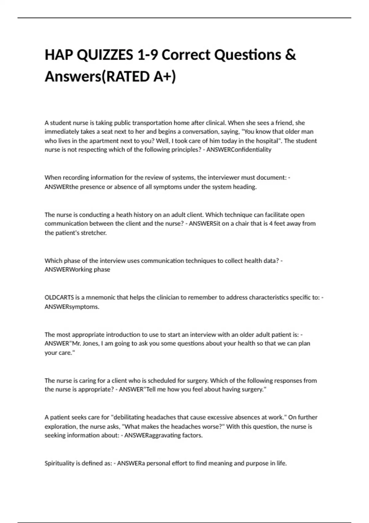 HAP QUIZZES 1-9 Correct Questions & Answers(RATED A+) - HAP 1-9 - Stuvia US