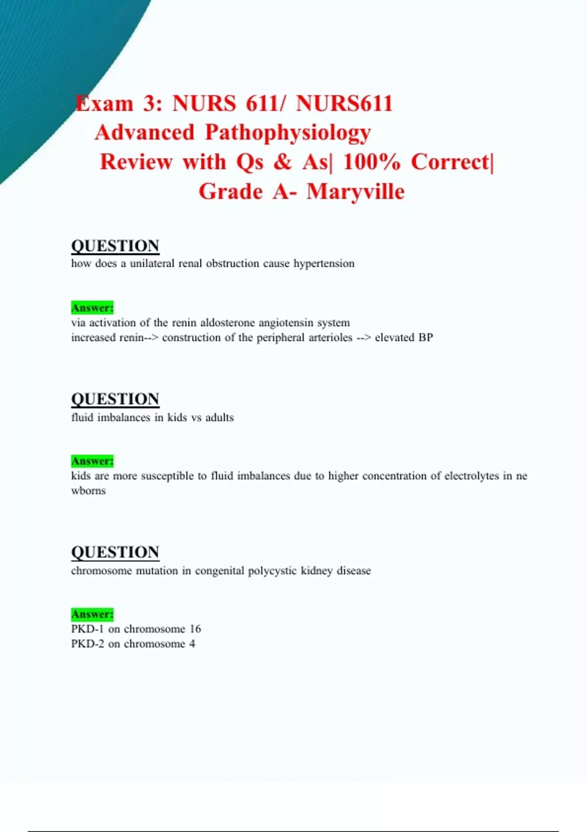 Exam 3: NURS 611/ NURS611 (New 2024/ 2025 Update) Advanced Pathophysiology Review with Qs & As ...
