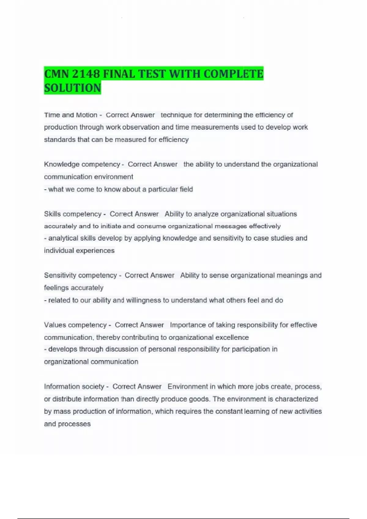 CMN 2148 FINAL TEST WITH COMPLETE SOLUTION - CMN 2148 - Stuvia US