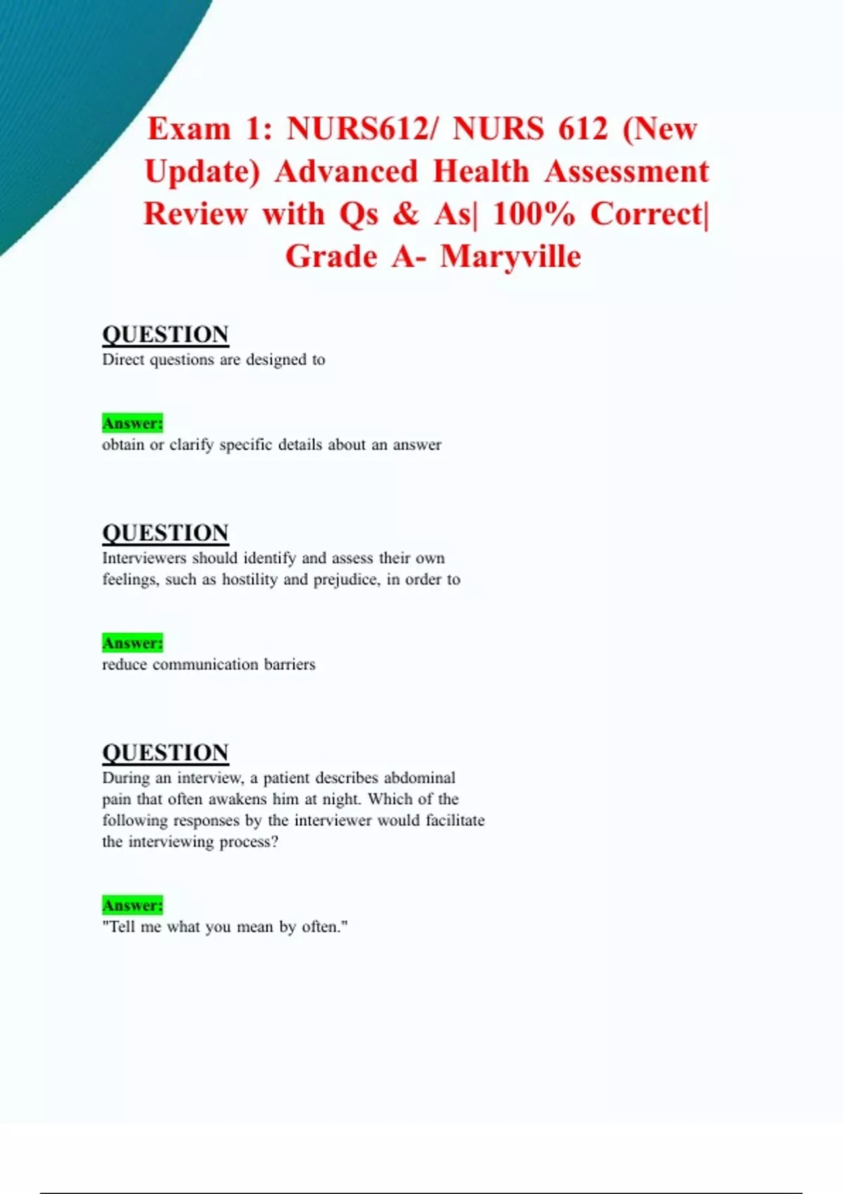 Exam 1: NURS 612/ NURS612 (New 2024/ 2025 Update) Advanced Health Assessment Review with Qs & As ...
