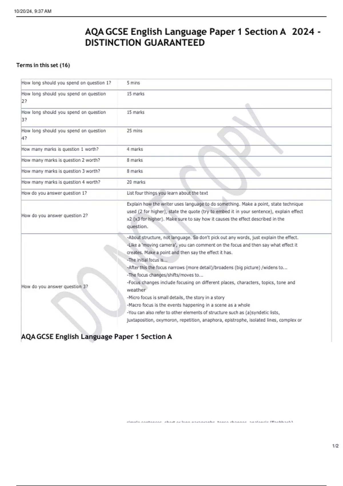 AQA GCSE English Language Paper 1 Section A 2024 - DISTINCTION ...