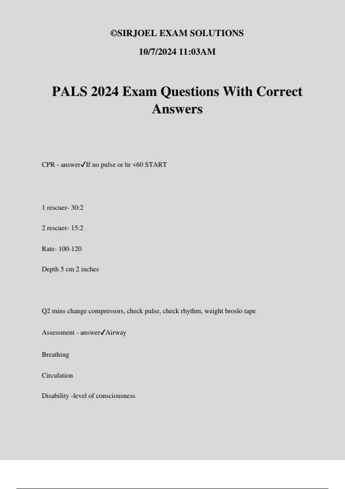 PALS 2024 Exam Questions With Correct Answers - PALS - Stuvia US