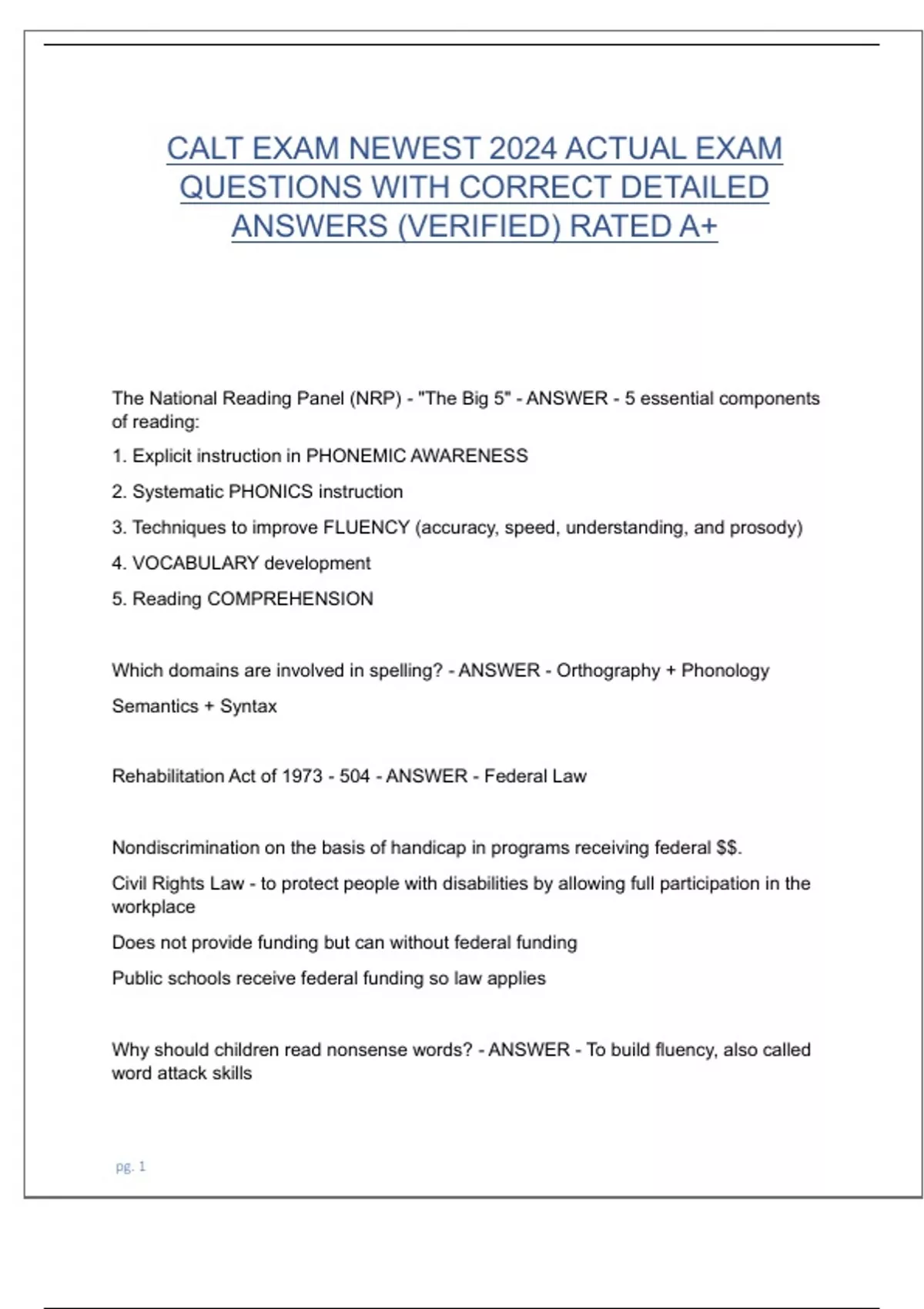 CALT EXAM NEWEST 2024 ACTUAL EXAM QUESTIONS WITH CORRECT DETAILED ...