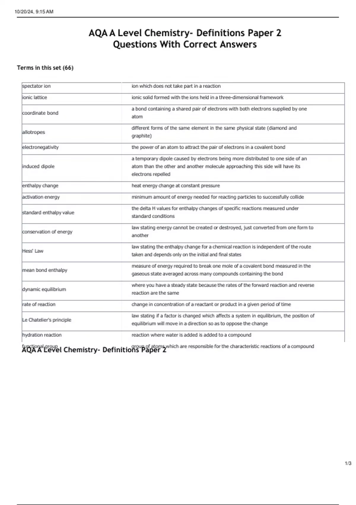 AQA A Level Chemistry- Definitions Paper 2 Questions With Correct Answers - Biology 121 - Stuvia US