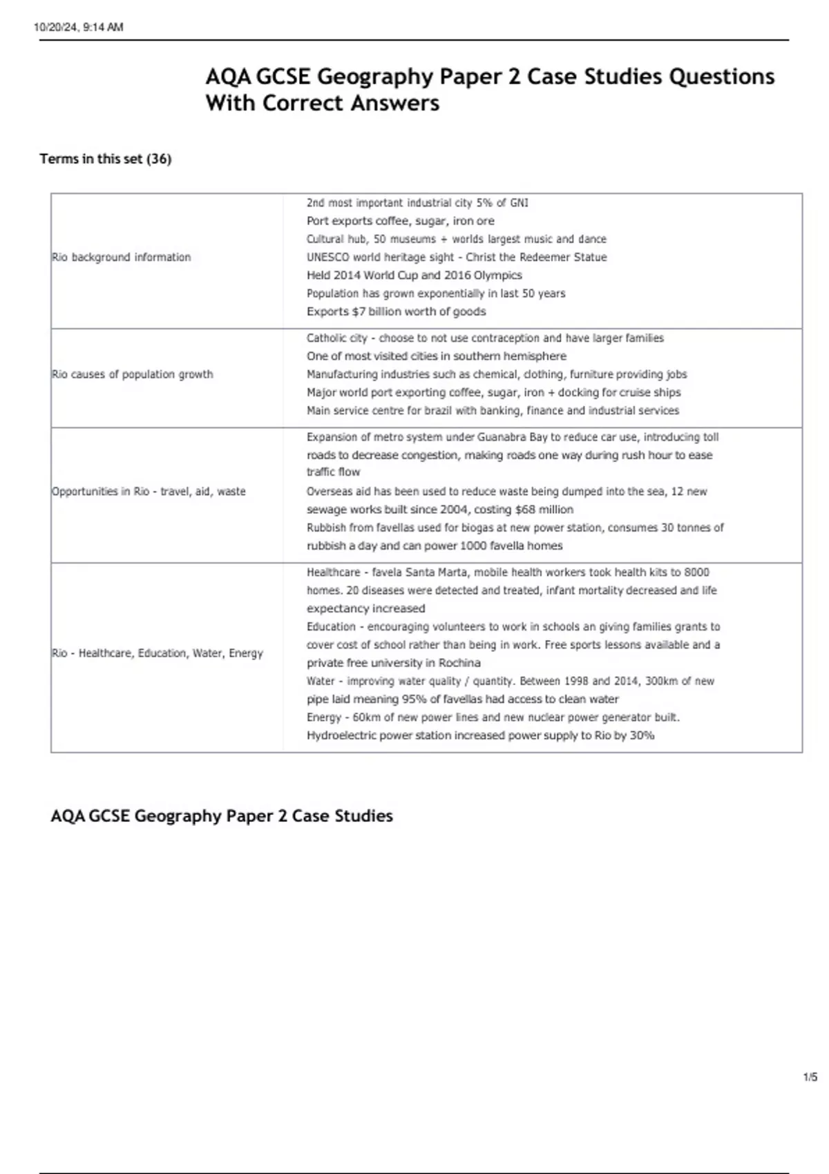 AQA GCSE Geography Paper 2 Case Studies Questions With Correct Answers ...