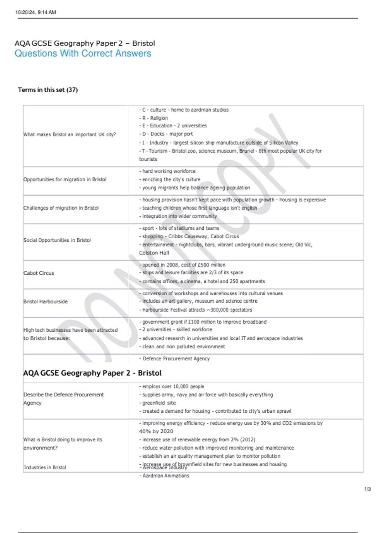 AQA GCSE Geography Paper 2 - Bristol Questions With Correct Answers ...