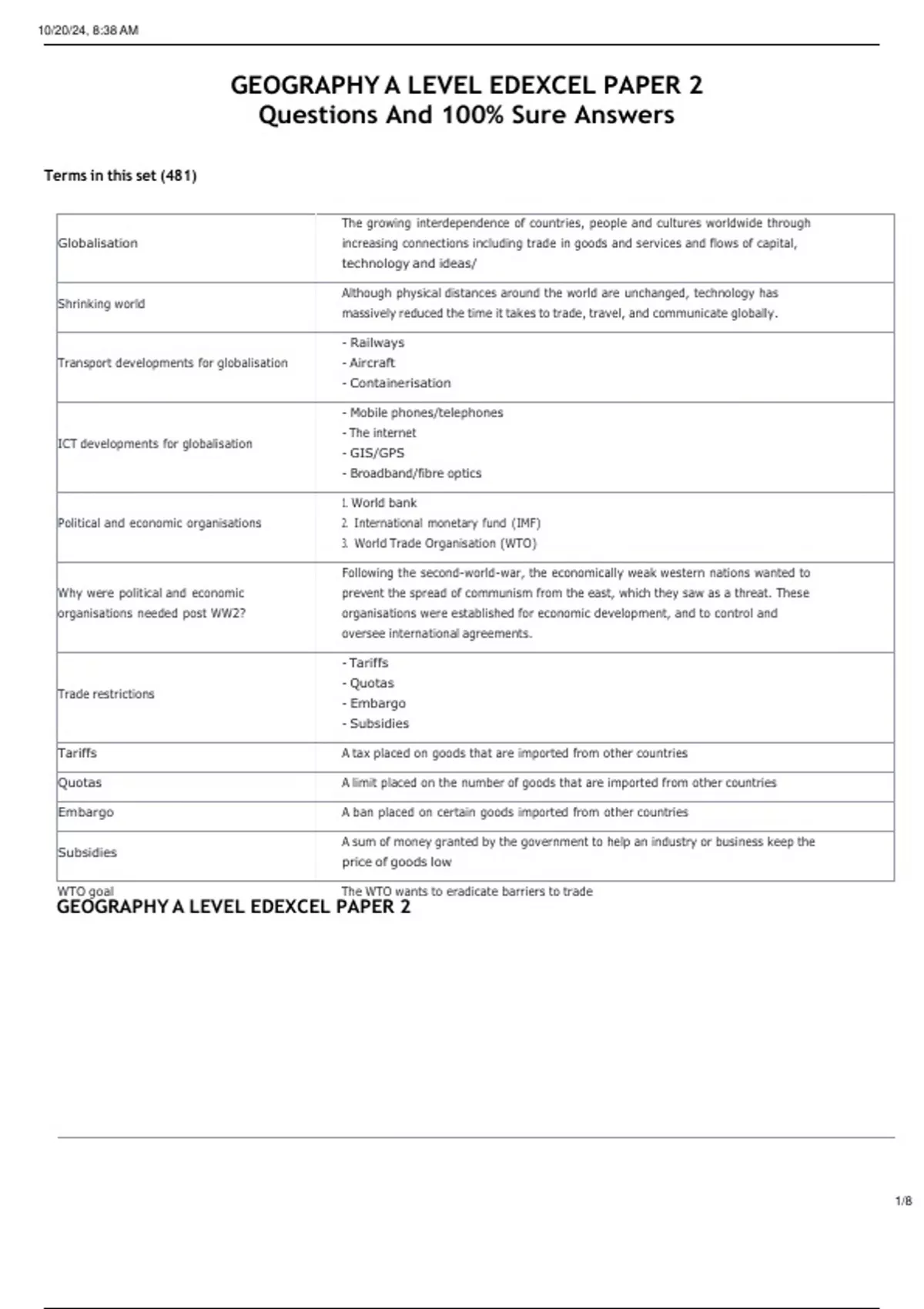 GEOGRAPHY A LEVEL EDEXCEL PAPER 2 Questions And 100- Sure ...