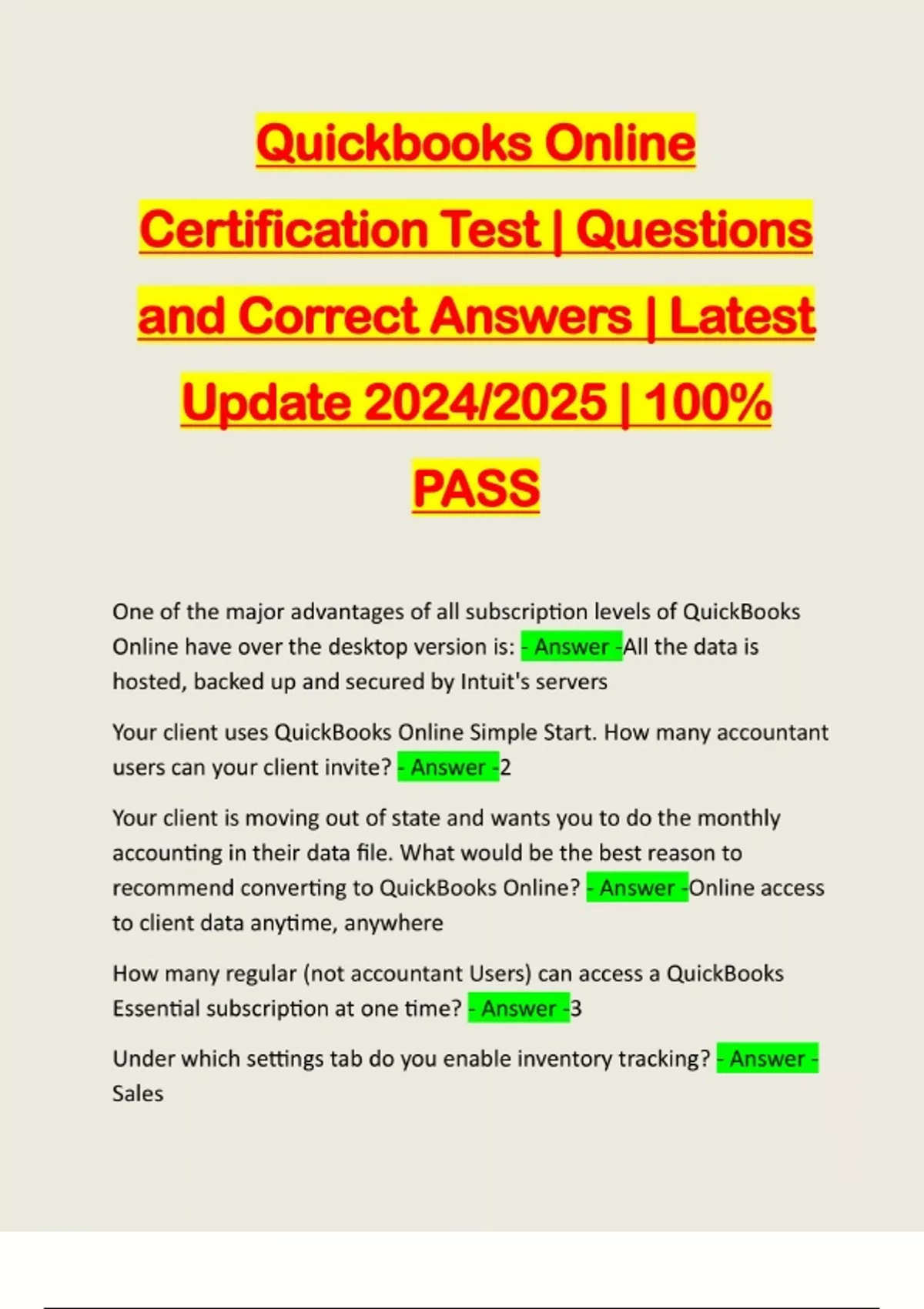 Quickbooks Online Certification Test | Questions and Correct Answers ...