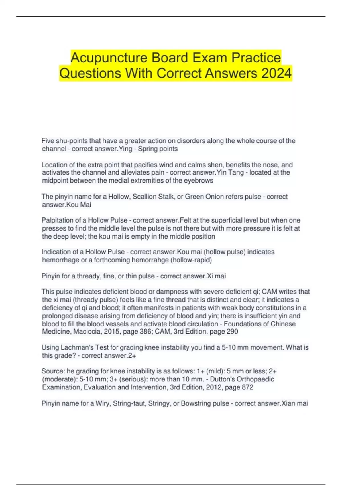 Acupuncture Board Exam Practice Questions With Correct Answers 2024 ...