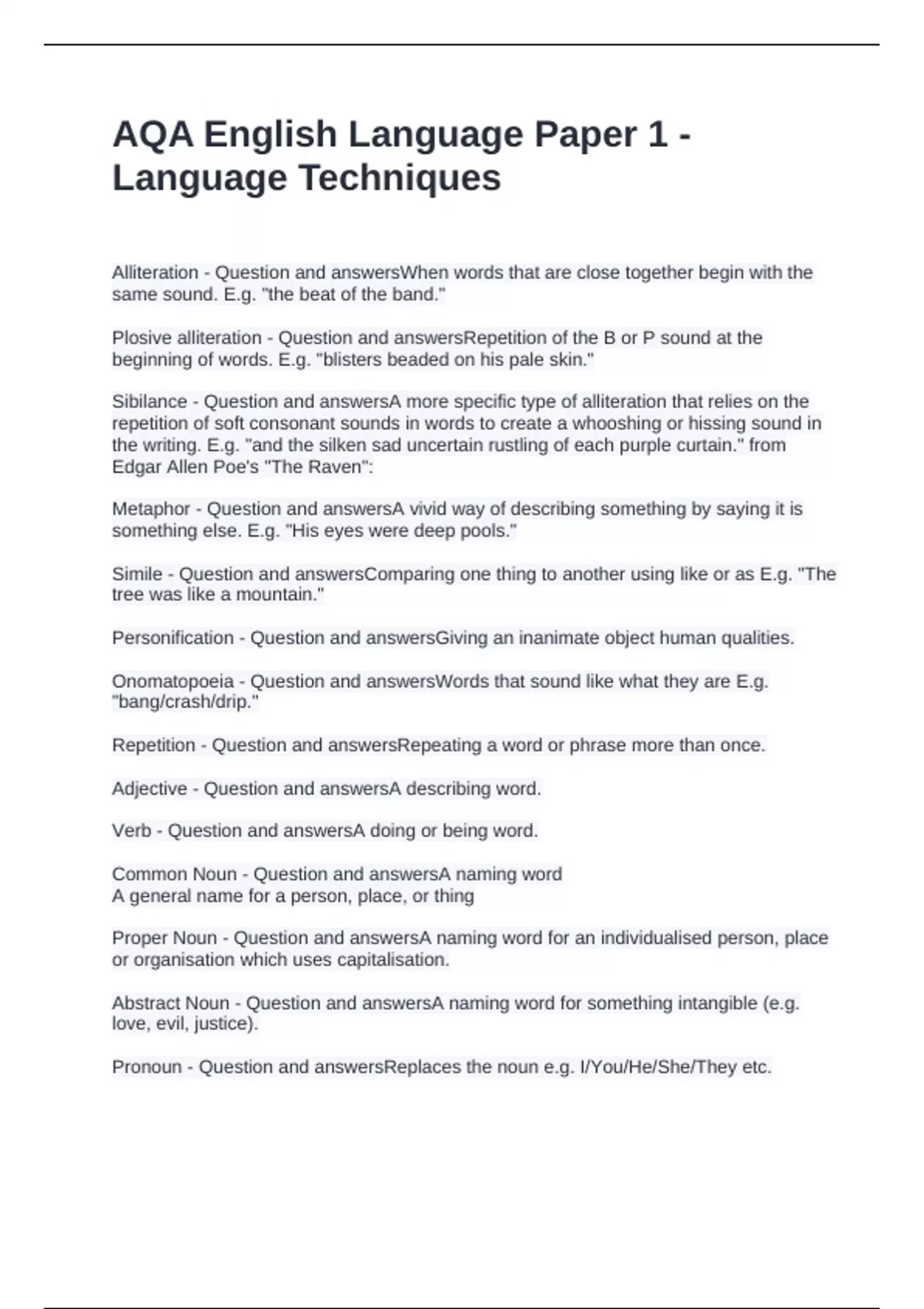 AQA English Language Paper 1 - Language Techniques Exam Questions and ...