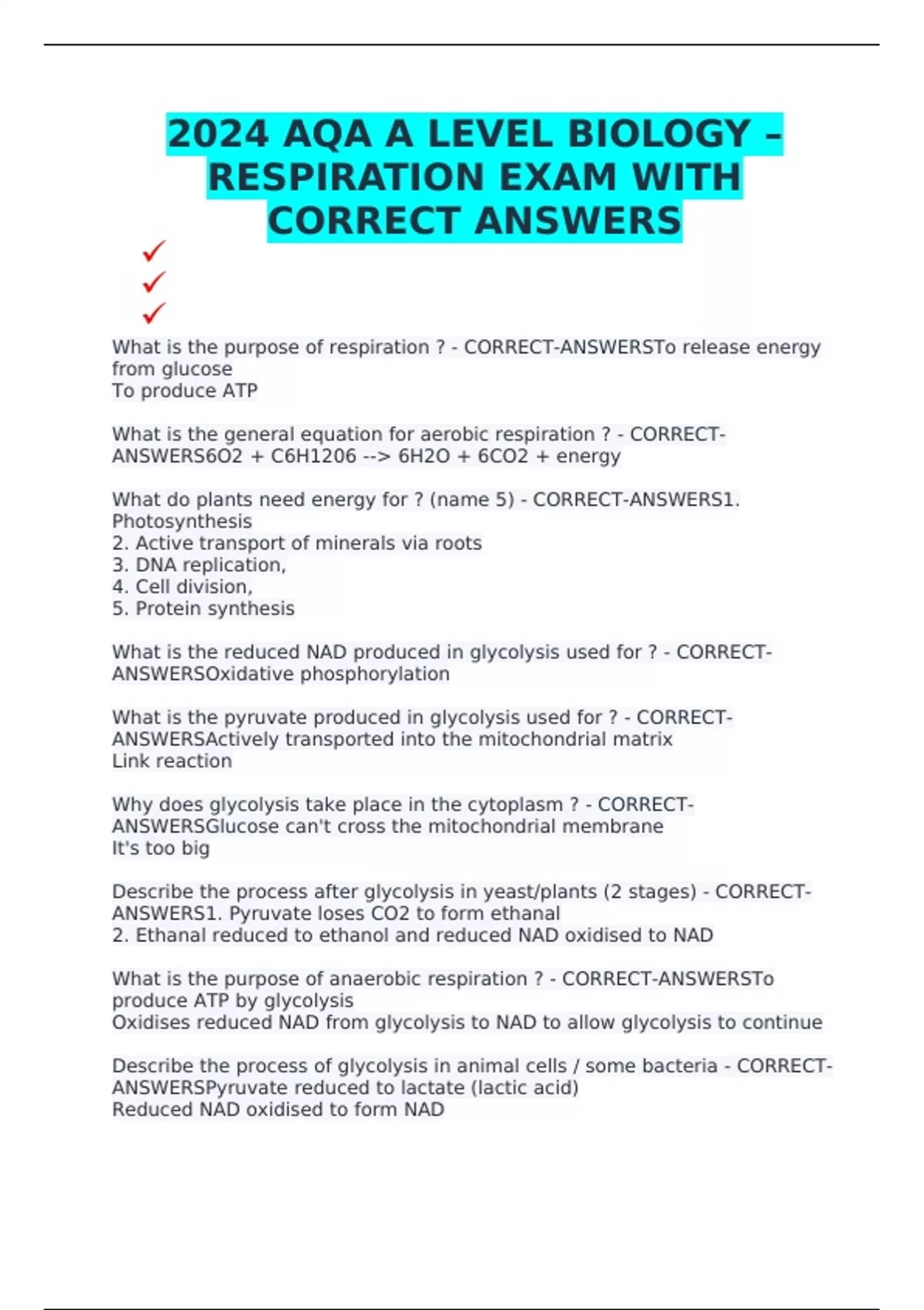 2024 AQA A LEVEL BIOLOGY – RESPIRATION EXAM WITH CORRECT ANSWERS - AQA ...