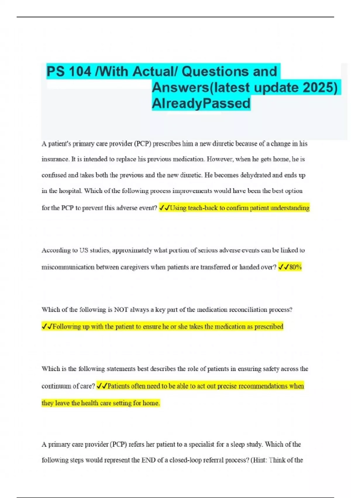 PS 104 /With Actual/ Questions and Answers(latest update 2025 ...