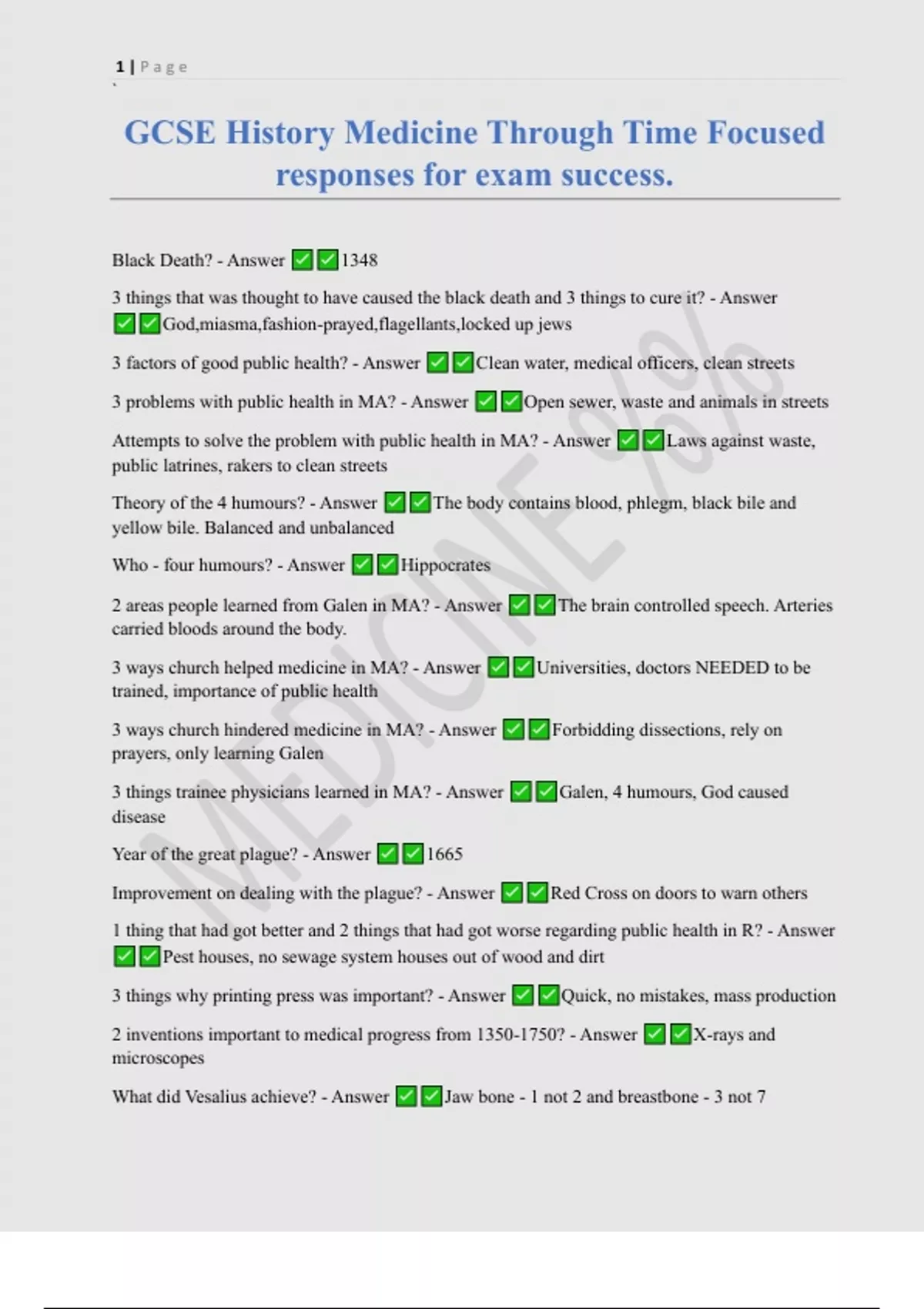 GCSE History Medicine Through Time Focused responses for exam success ...