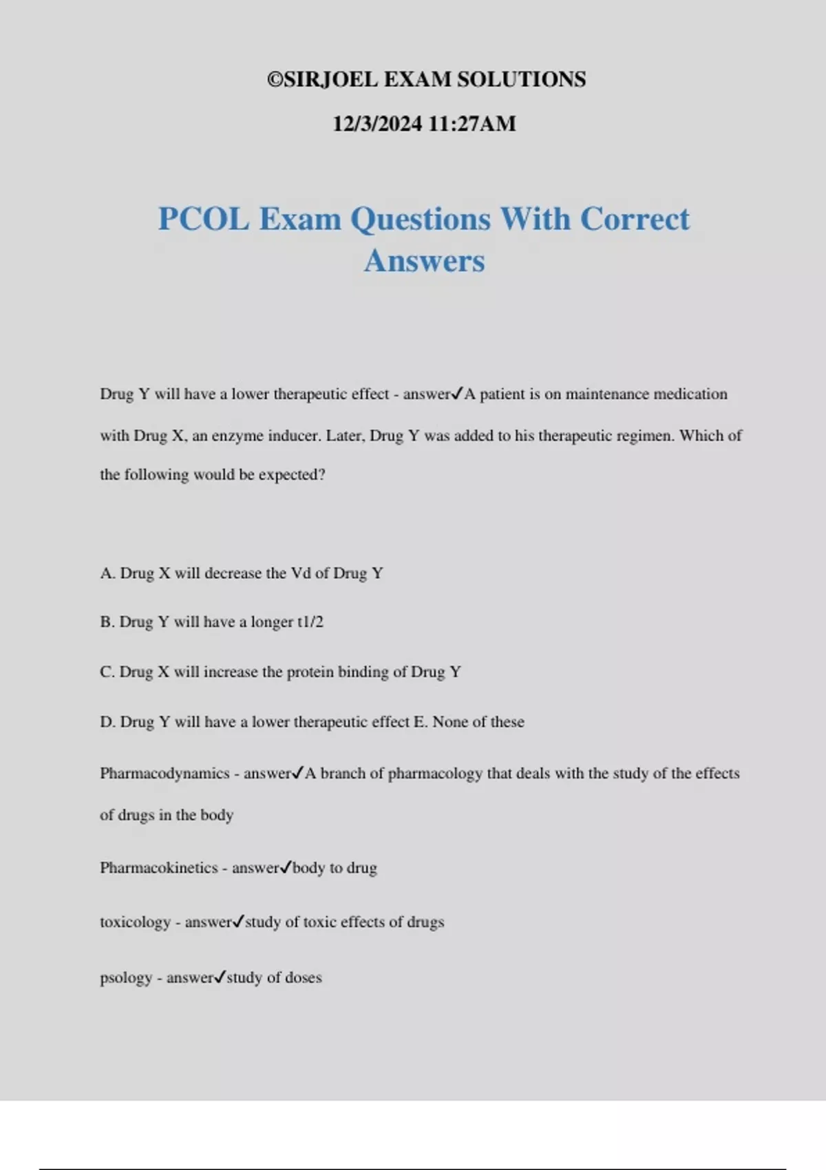 PCOL Exam Questions With Correct Answers - PCOL - Stuvia US