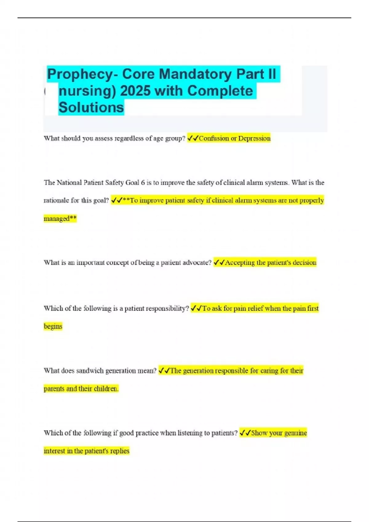 Prophecy- Core Mandatory Part II nursing) 2025 with Complete Solutions ...