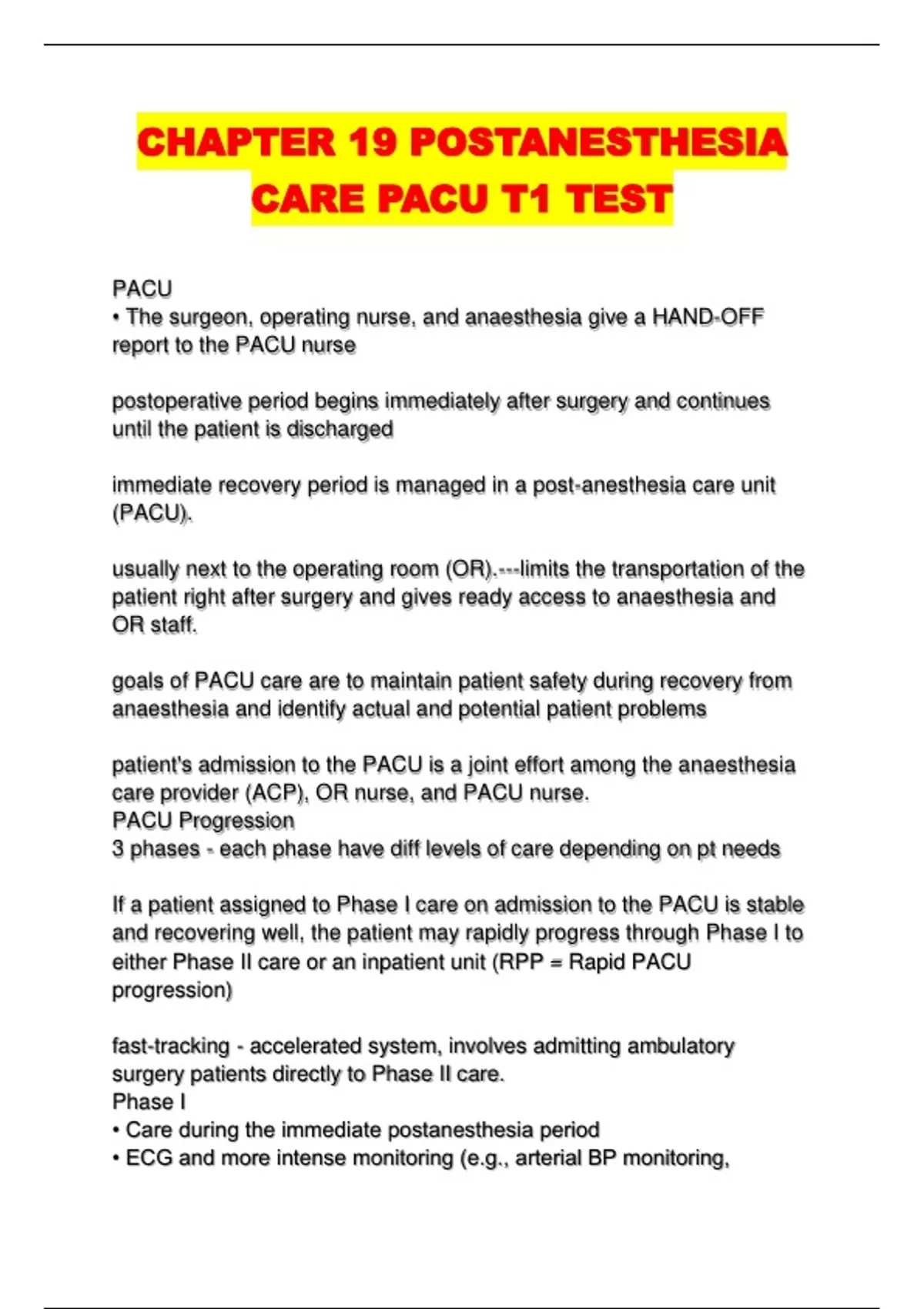 CHAPTER 19 POSTANESTHESIA CARE PACU T1 TEST - CHAPTER 19 POSTANESTHESIA ...