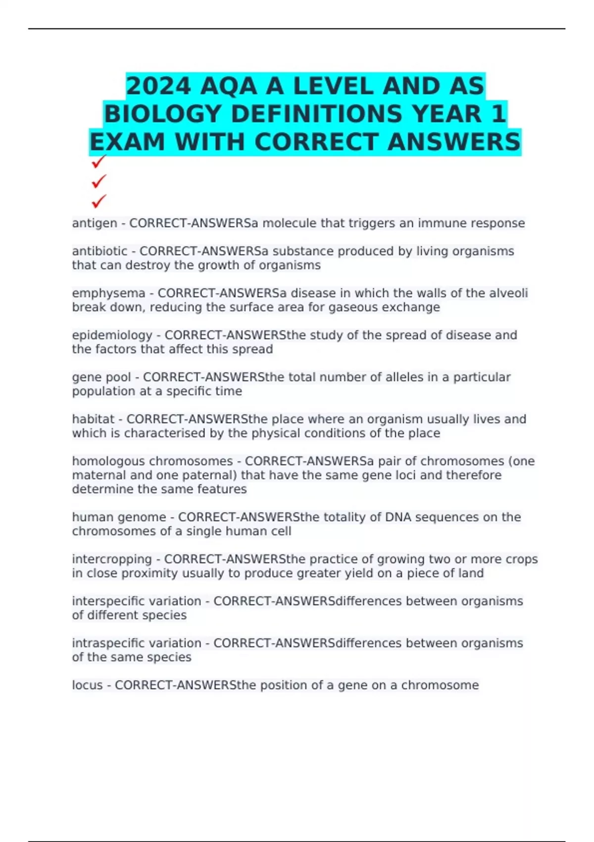 2024 AQA A LEVEL AND AS BIOLOGY DEFINITIONS YEAR 1 EXAM WITH CORRECT ANSWERS - AQA A LEVEL AND ...