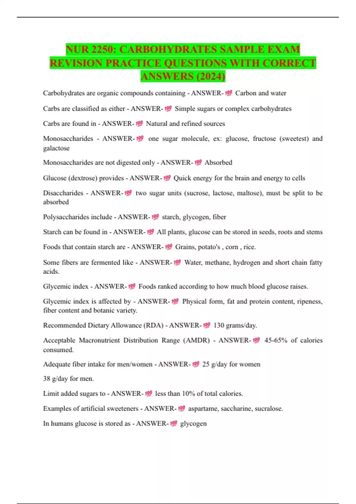 NUR 2250: CARBOHYDRATES SAMPLE EXAM REVISION PRACTICE QUESTIONS WITH ...