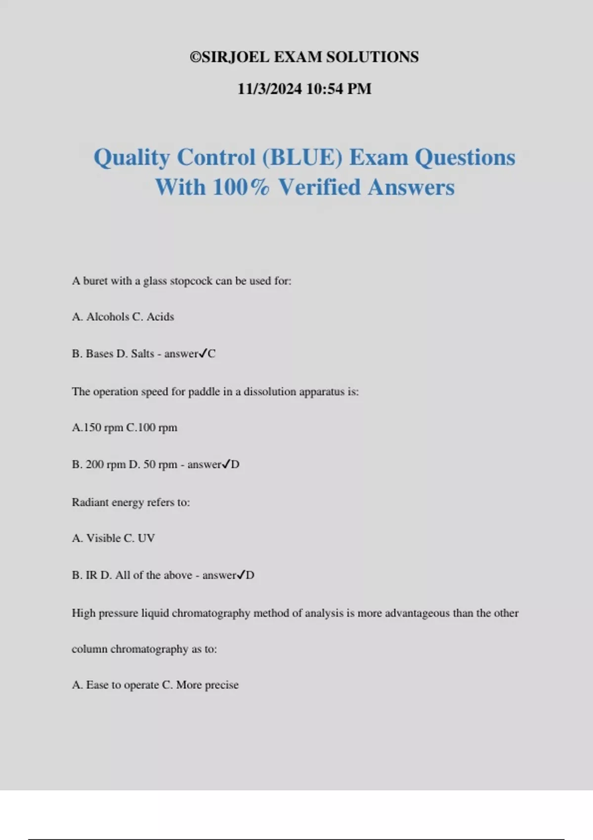 Quality Control (BLUE) Exam Questions With 100% Verified Answers - Quality Control - Stuvia US