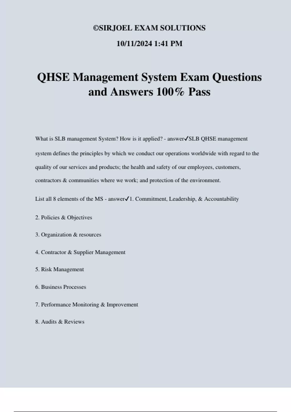 QHSE Management System Exam Questions and Answers 100% Pass - QHSE ...