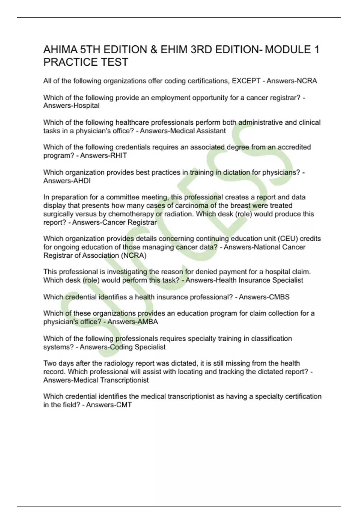 AHIMA 5TH EDITION & EHIM 3RD EDITION- MODULE 1 PRACTICE TEST - AHIMA ...