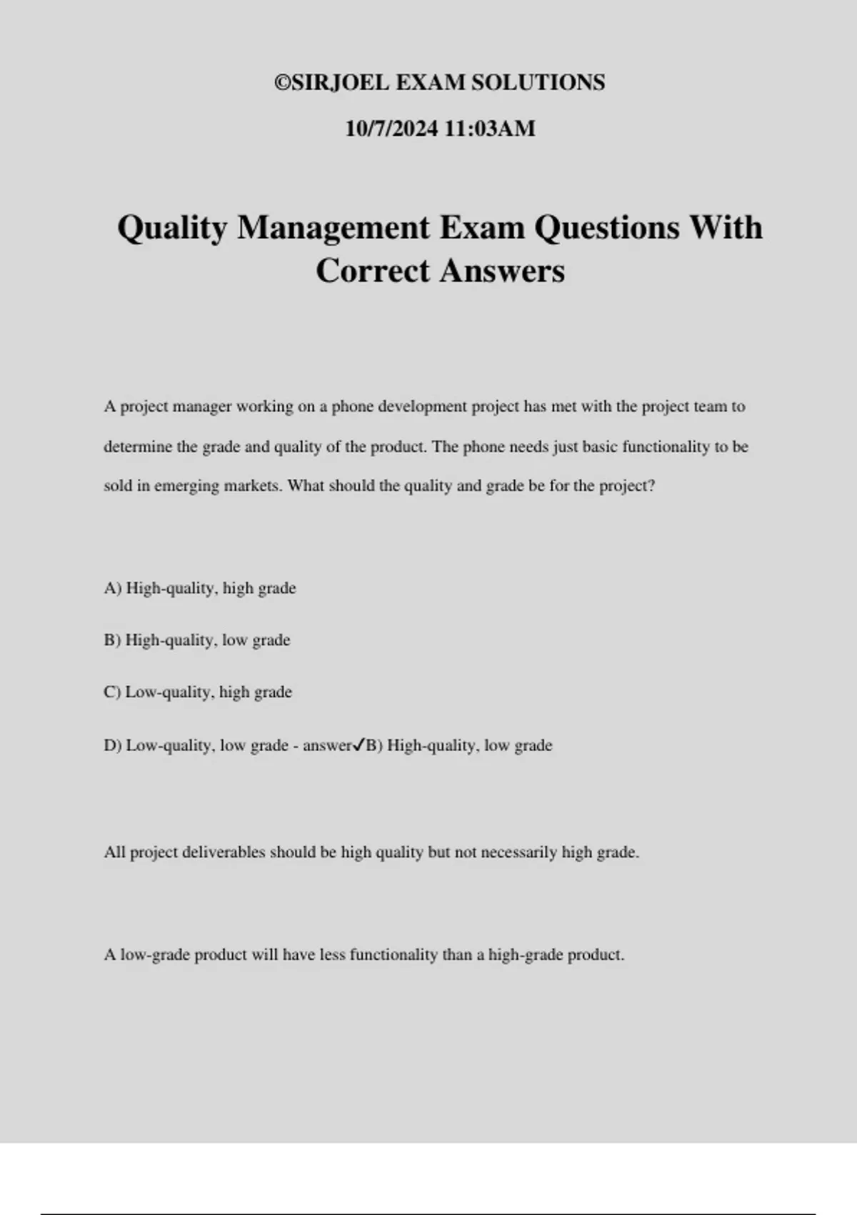 Quality Management Exam Questions With Correct Answers - Quality Management - Stuvia US