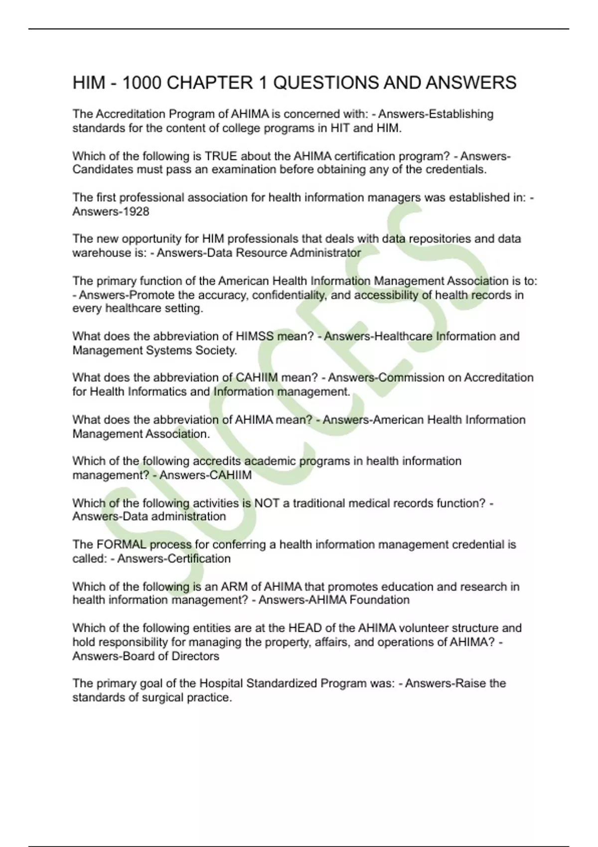 HIM - 1000 CHAPTER 1 QUESTIONS AND ANSWERS - HIM - 1000 - Stuvia US