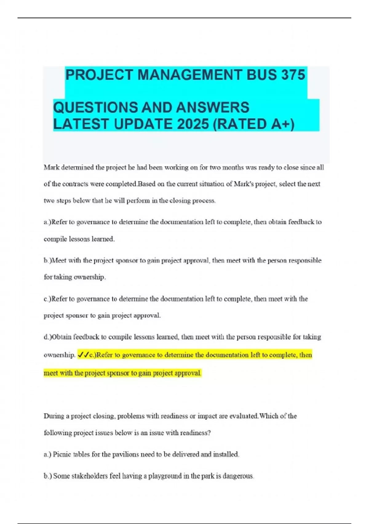 PROJECT MANAGEMENT BUS 375 QUESTIONS AND ANSWERS LATEST UPDATE 2025 ...